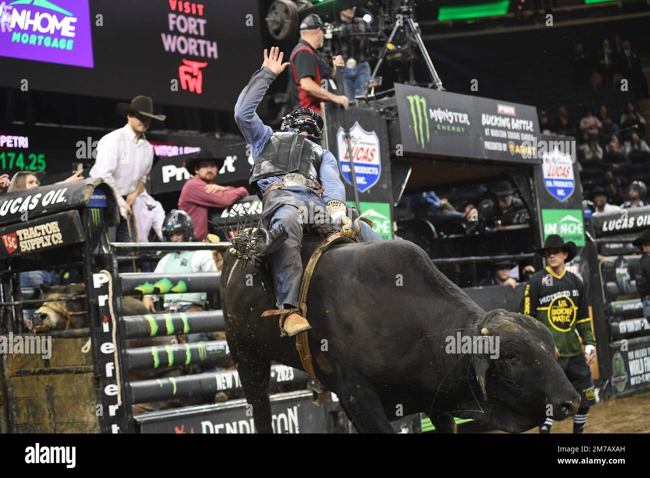 New York, USA. 08th Jan, 2023. Professional Bull Rider Alex Cerqueira rides bull Soul Train ...