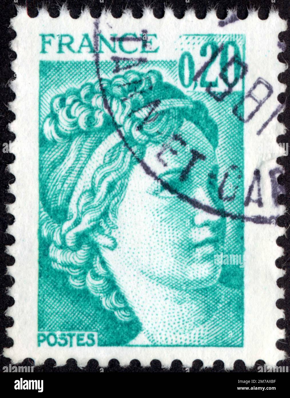 TIMBRE OBLITÉRÉ MARIANNE VERTE. RÉPUBLIQUE FRANÇAISE. LA POSTE. 0.20 ...