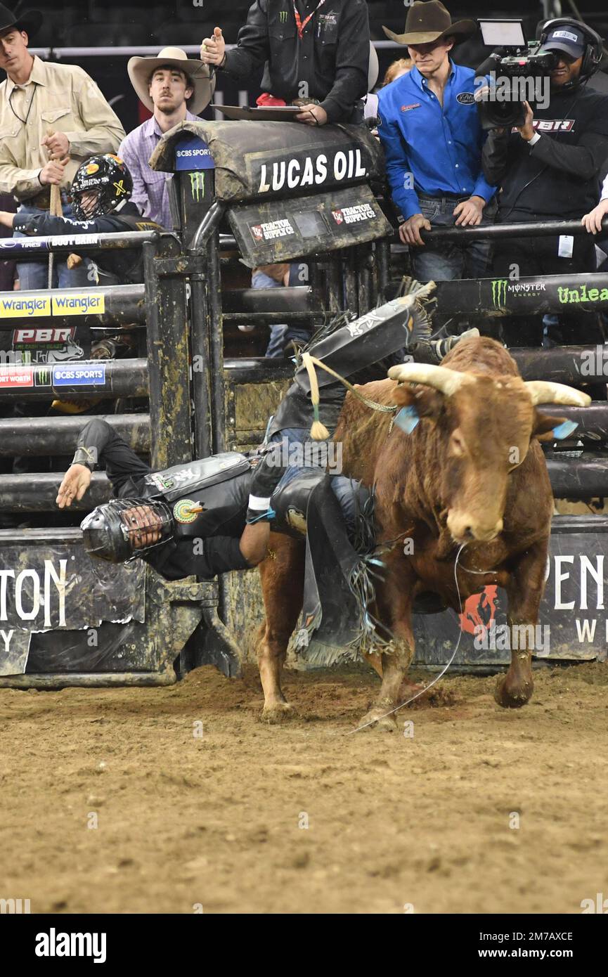 New York, USA. 08th Jan, 2023. Professional Bull Rider Keyshawn Whitehorse rides bull Renegade ...