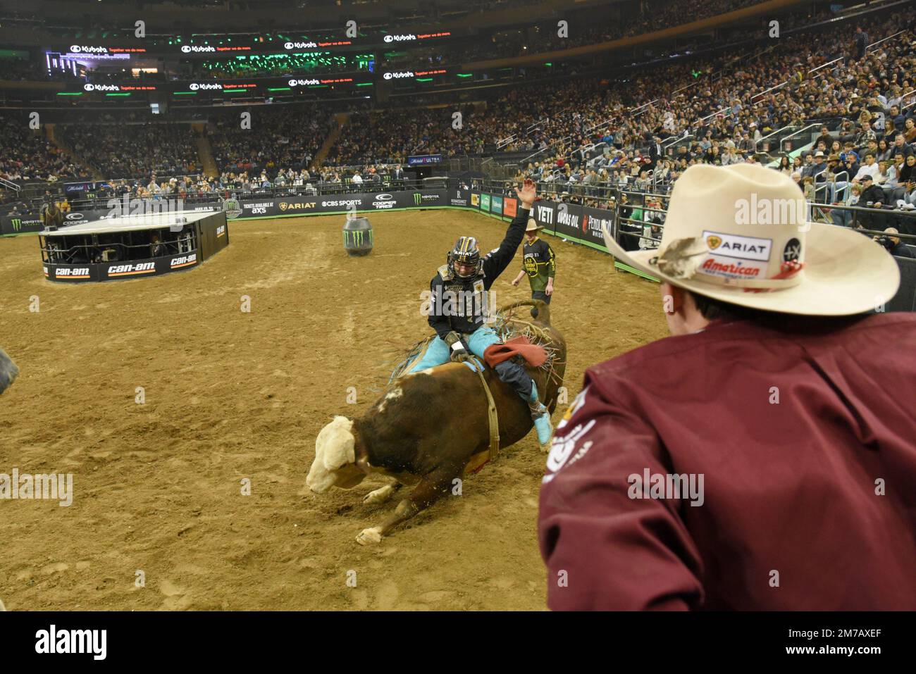 Professional Bull Rider Braidy Randolph rides bull Salty Brindle during PBR Monster Energy ‘Buck ...