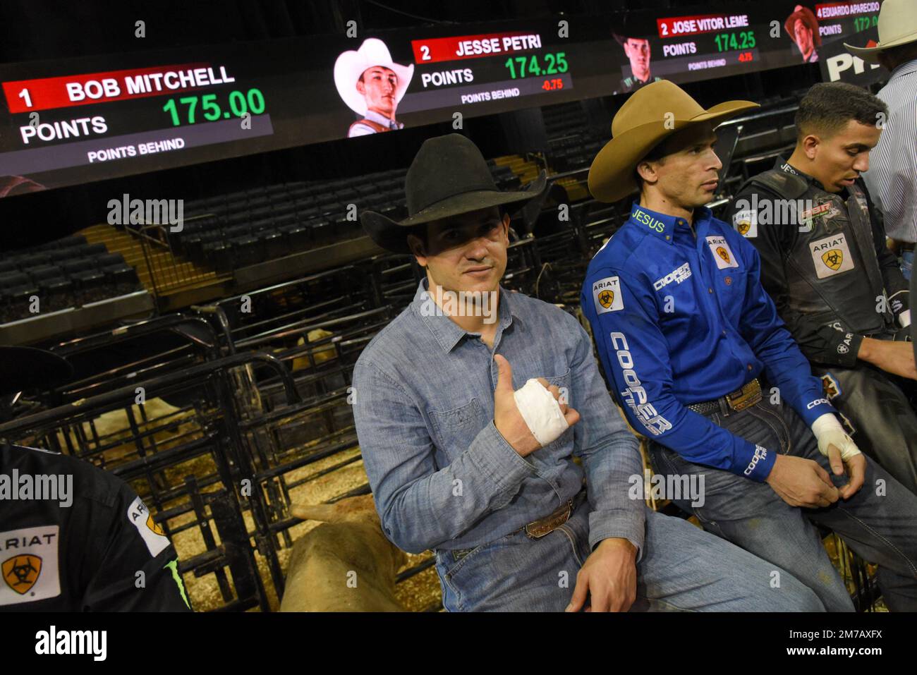 Professional Bull Rider riders at the bull pen during the PBR Monster ...