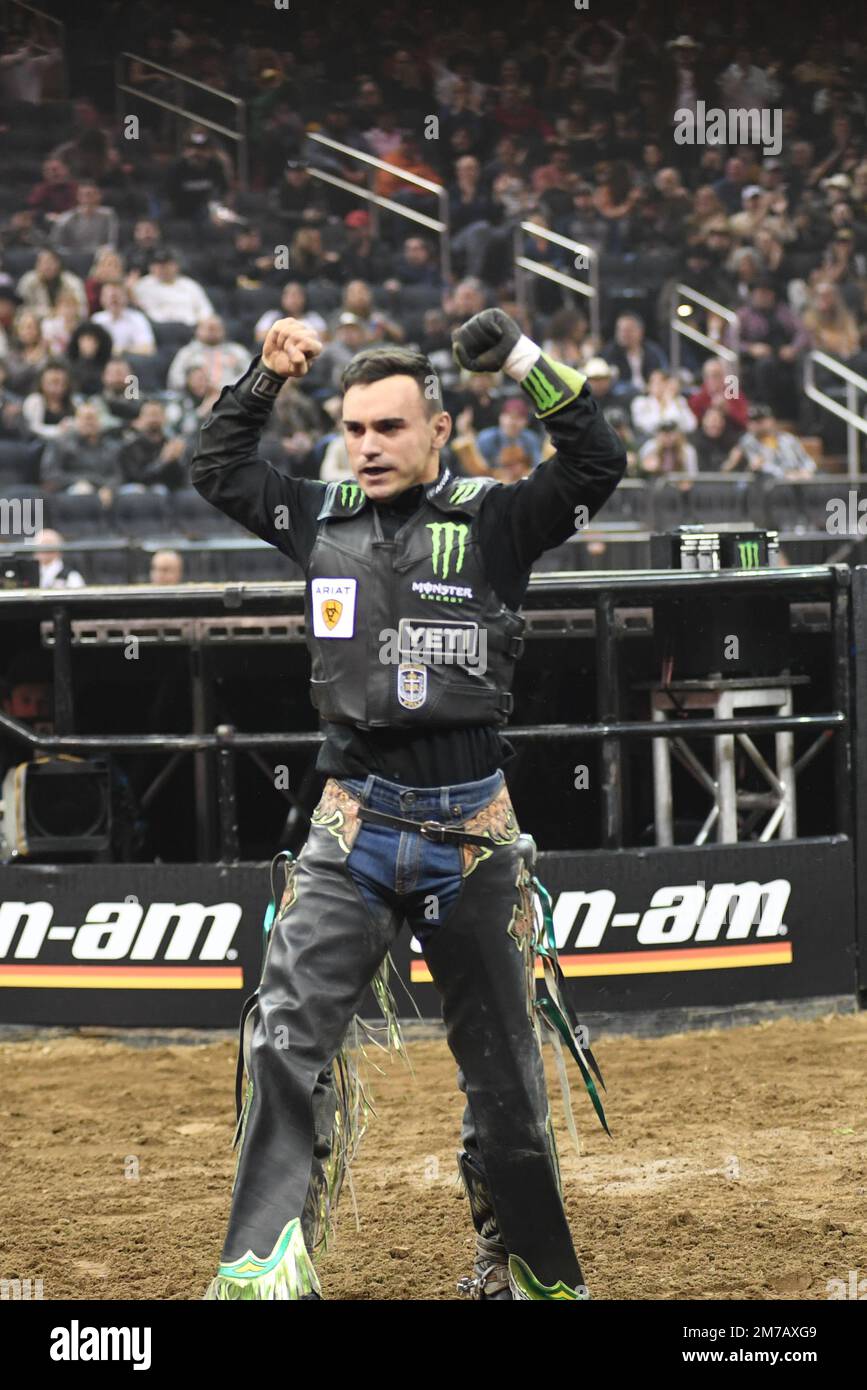 Professional Bull Rider Jose Vitor Leme rides bull Cliff Hanger during ...