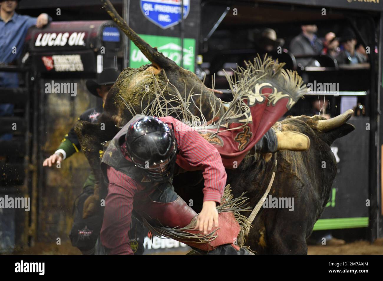 Professional Bull Rider Wyatt Rogers rides bull Hawkeye during PBR ...