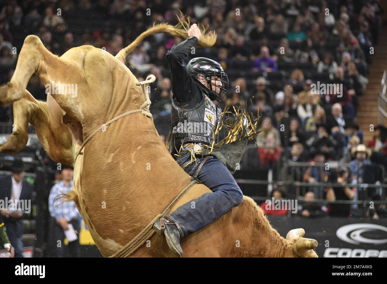 Professional Bull Rider Luciano De Castro rides bull Moon Juice during ...