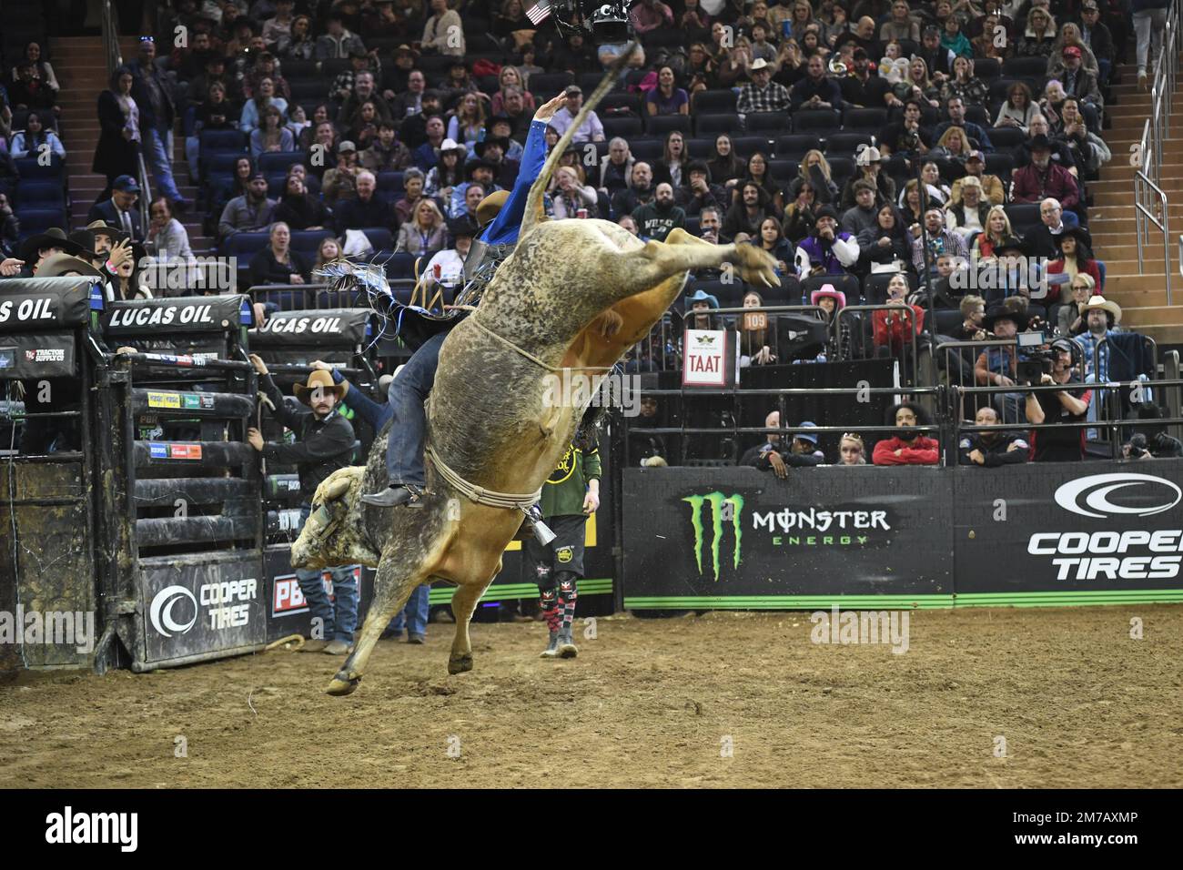 Professional Bull Rider Eduardo Aparecido rides bull Tulsa Time during ...