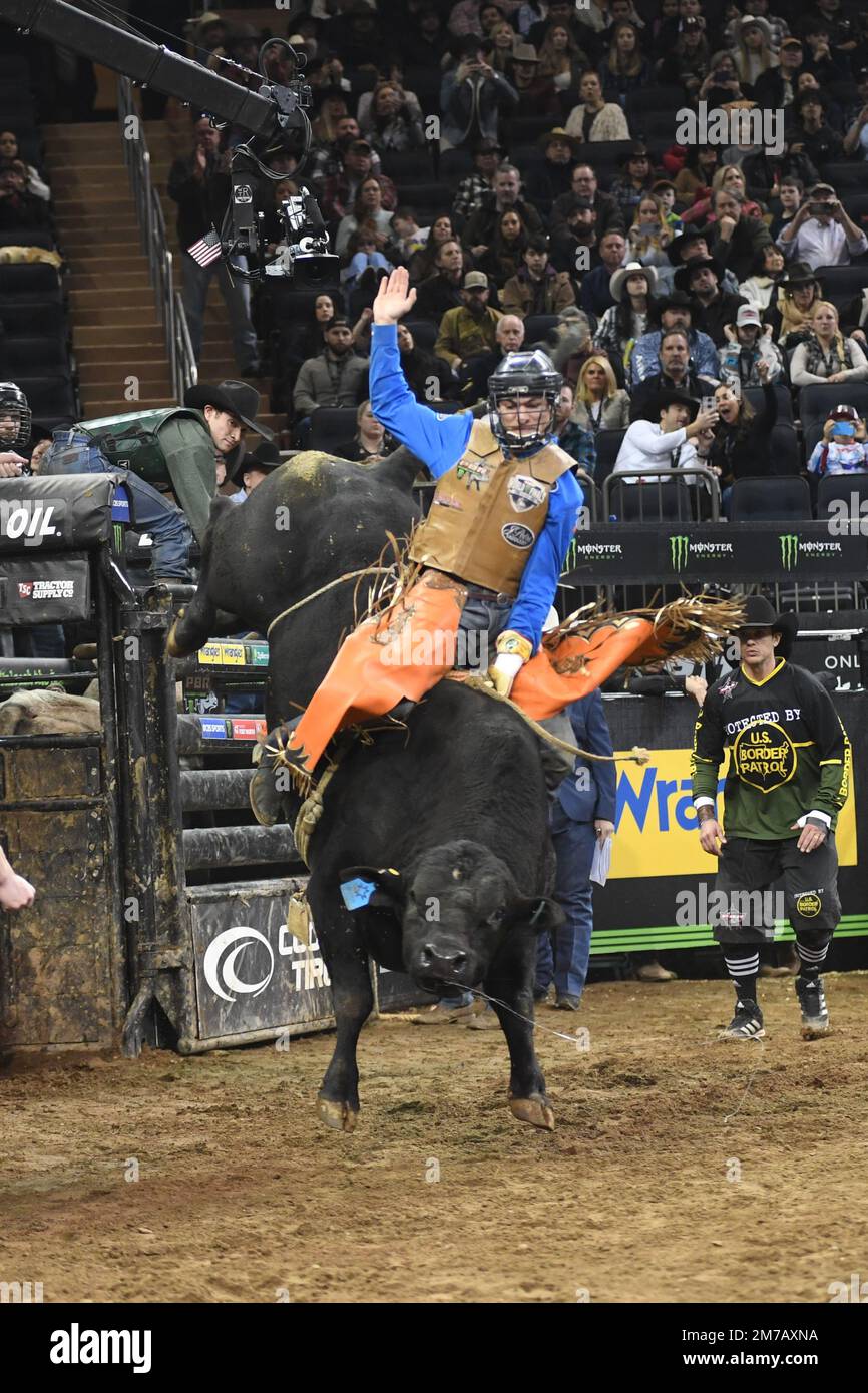 Professional Bull Rider Jesse Petri rides bull The Maverick during PBR ...