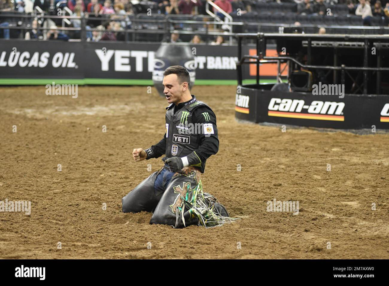 Professional Bull Rider Jose Vitor Leme rides bull Cliff Hanger during ...