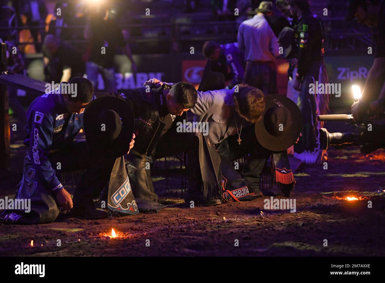 Professional Bull Riders are introduced during an opening ceremony at ...