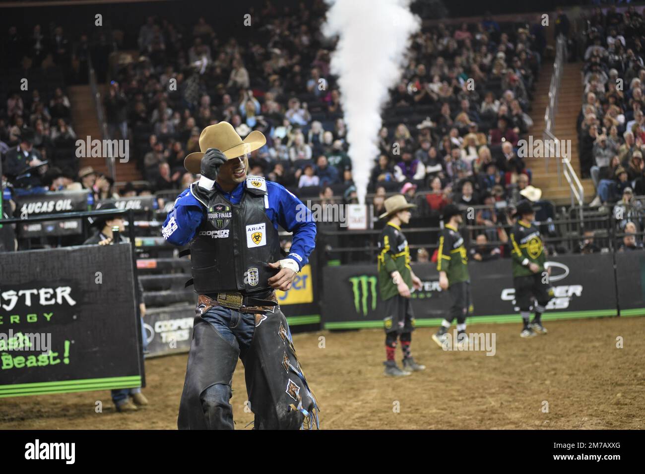 Professional Bull Rider Eduardo Aparecido rides bull Tulsa Time during ...
