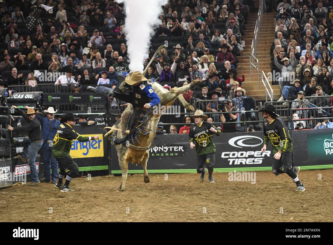 Professional Bull Rider Eduardo Aparecido rides bull Tulsa Time during ...