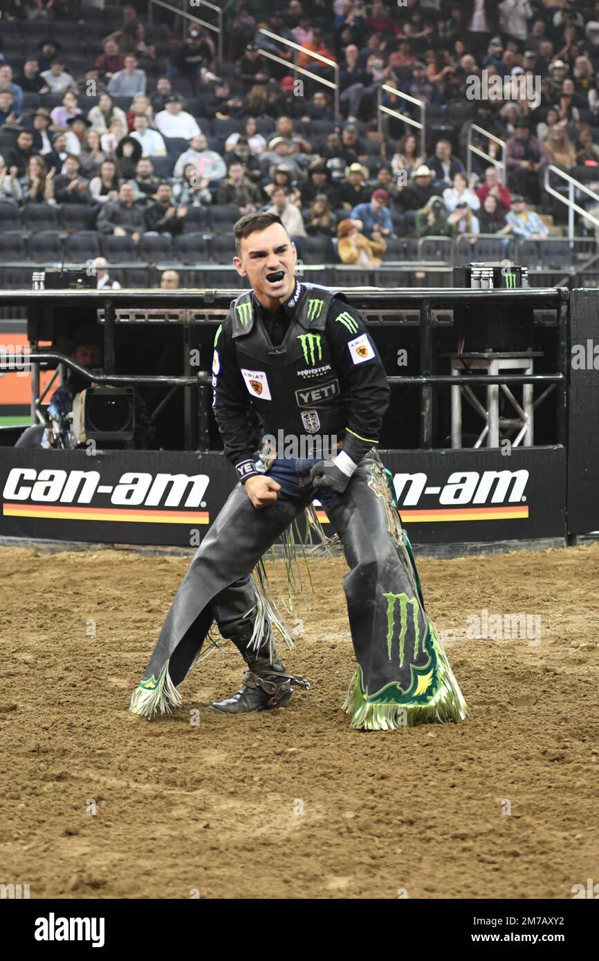 Professional Bull Rider Jose Vitor Leme rides bull Cliff Hanger during ...