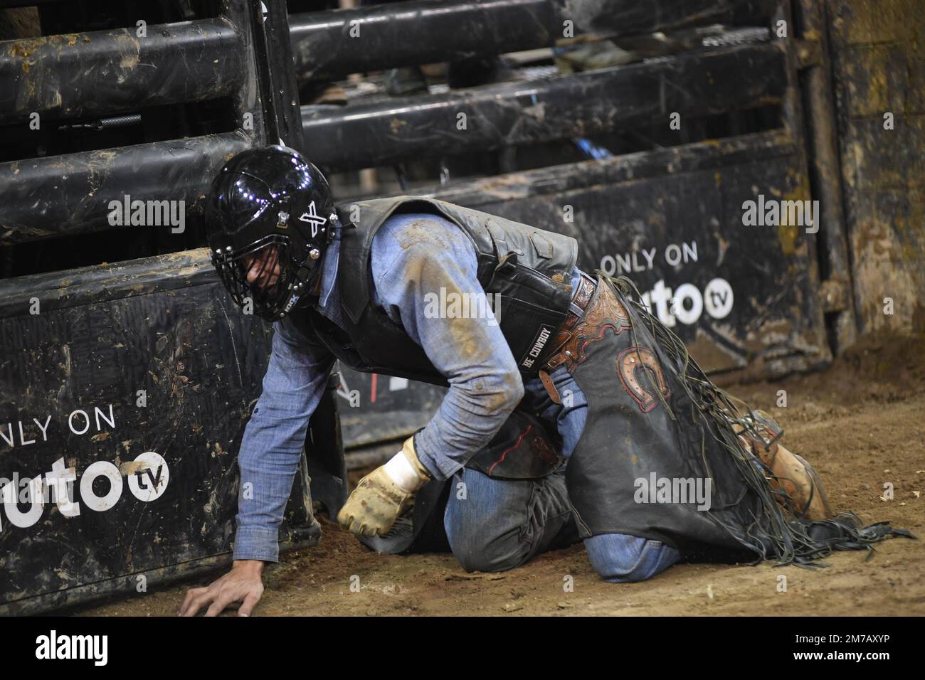 Professional Bull Rider Alex Cerqueira rides bull Soul Train during PBR ...