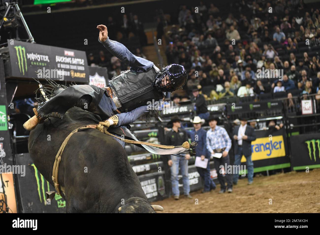 New York, USA. 08th Jan, 2023. Professional Bull Rider Alex Cerqueira rides bull Soul Train ...
