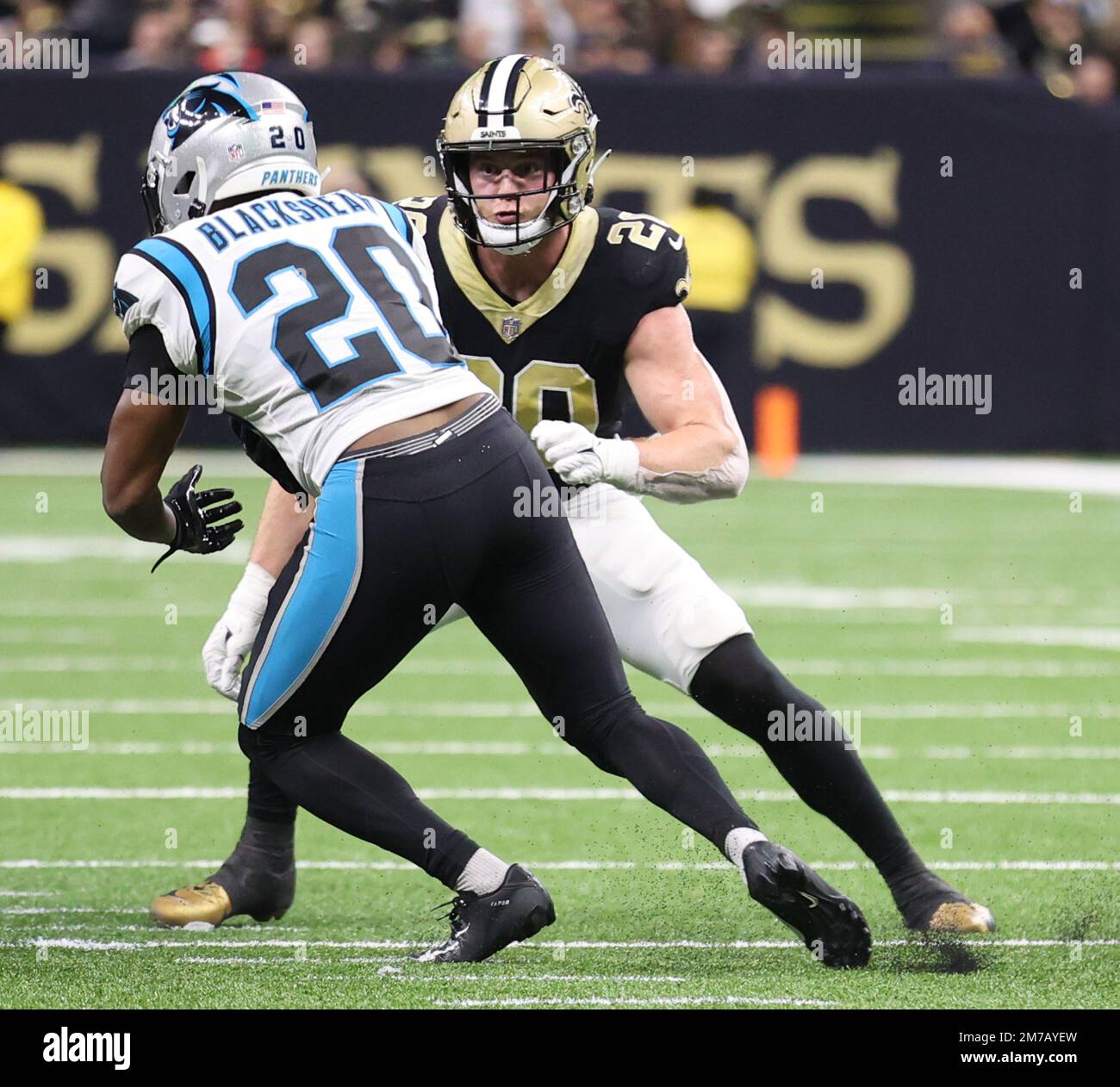 Carolina Panthers running back Raheem Blackshear (20) tries to get past ...