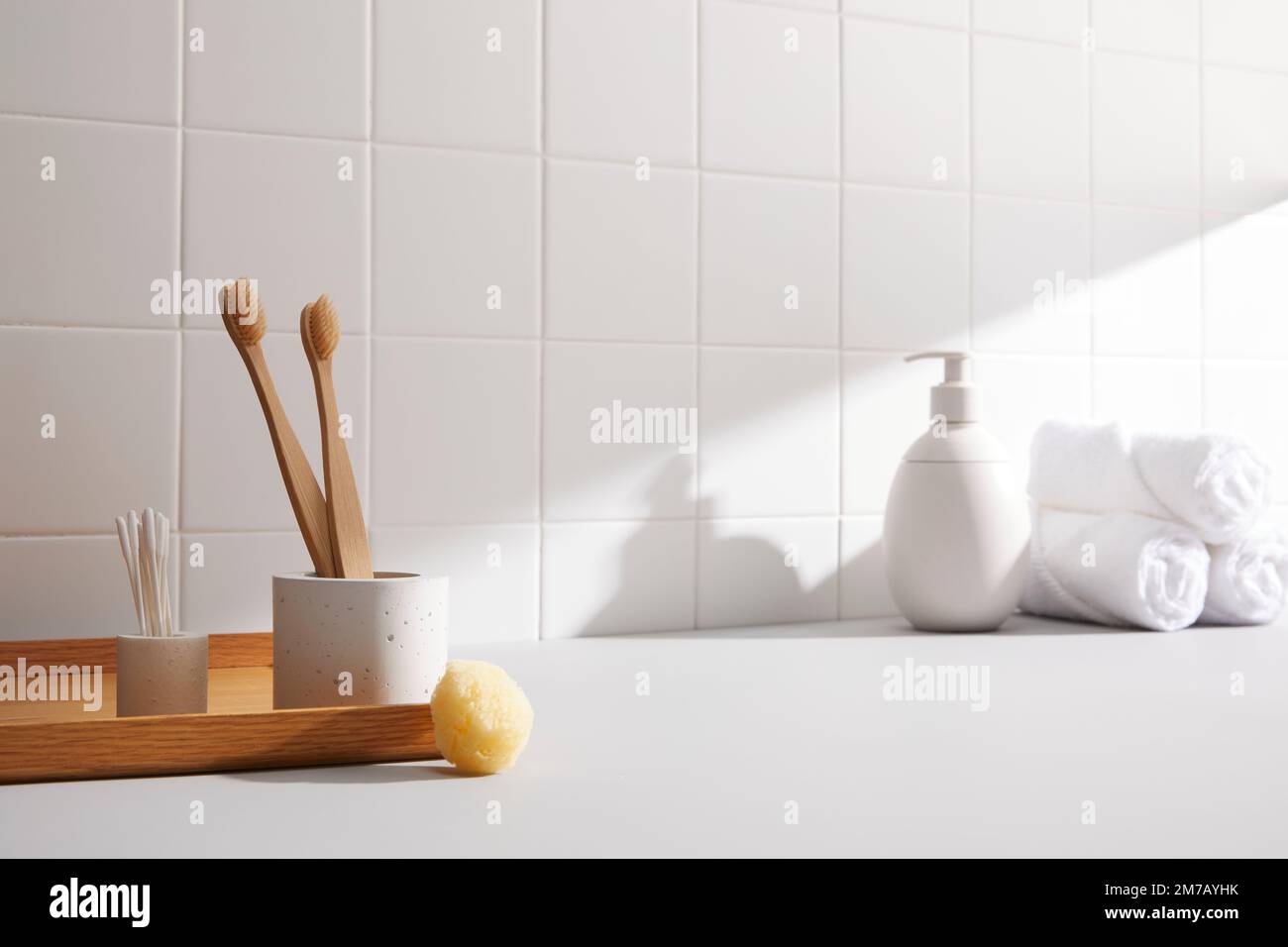 Various props in the bathroom background Stock Photo - Alamy