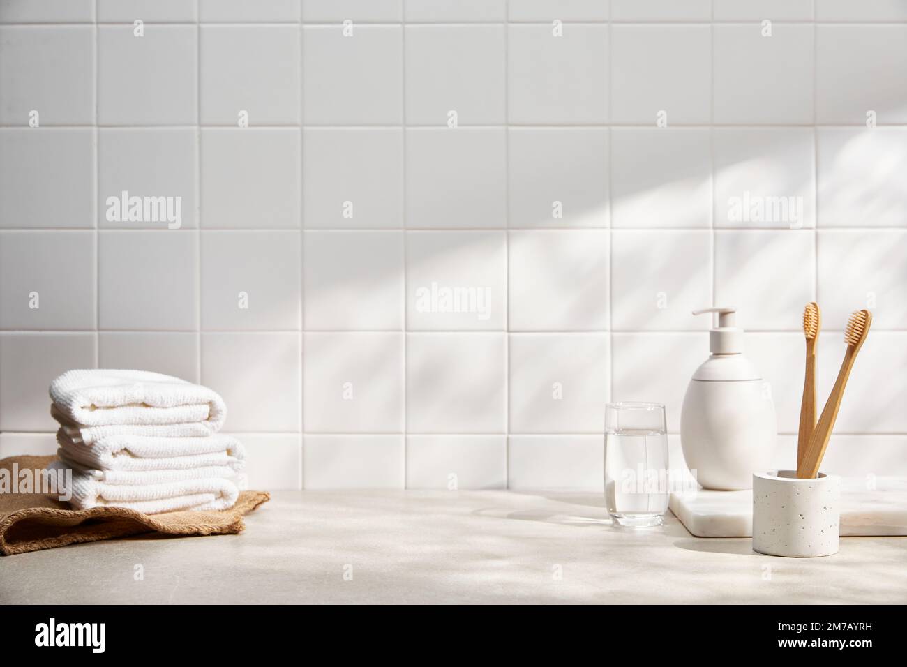 Various props in the bathroom background Stock Photo - Alamy