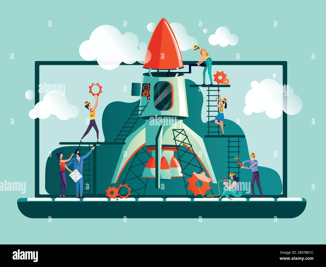 Business start up concept vector illustration. Open laptop, rocket and ...