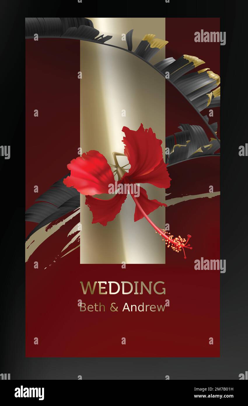 Tropical black gold leaves on maroon background vector. Beautiful ...