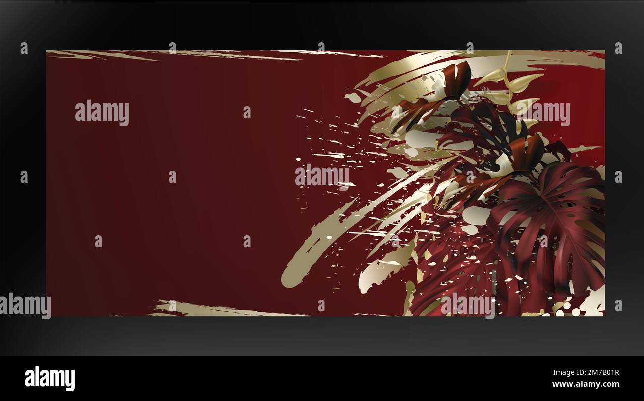 Tropical gold maroon monstera leaf, on dark red background vector ...