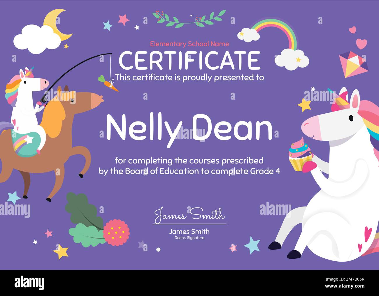 Cute colorful certificate template vector in unicorn design for kids ...