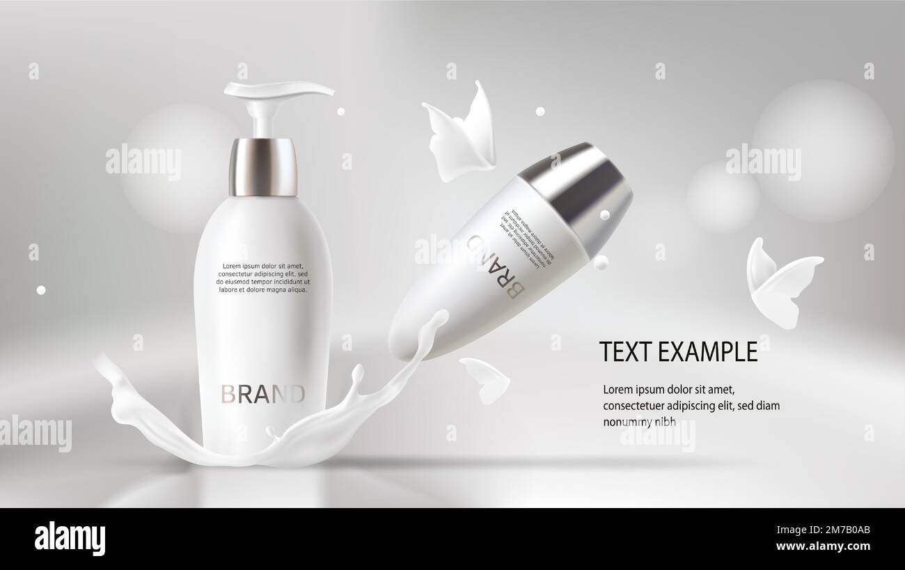 Milk cosmetics, realistic vector background with lotion and roll-on ...