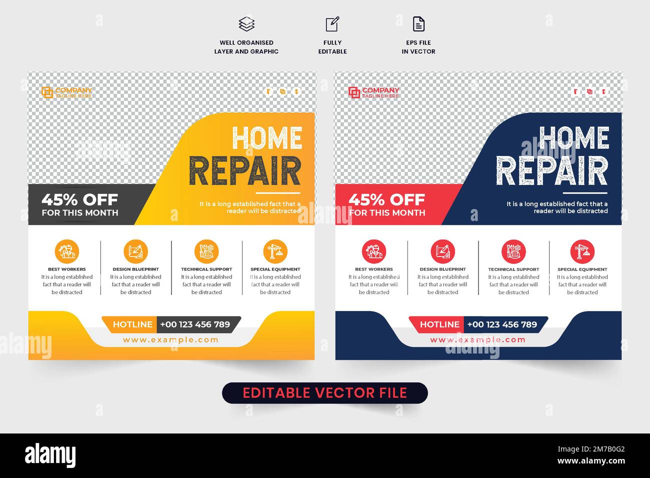 Home construction and repair service social media post vector with ...