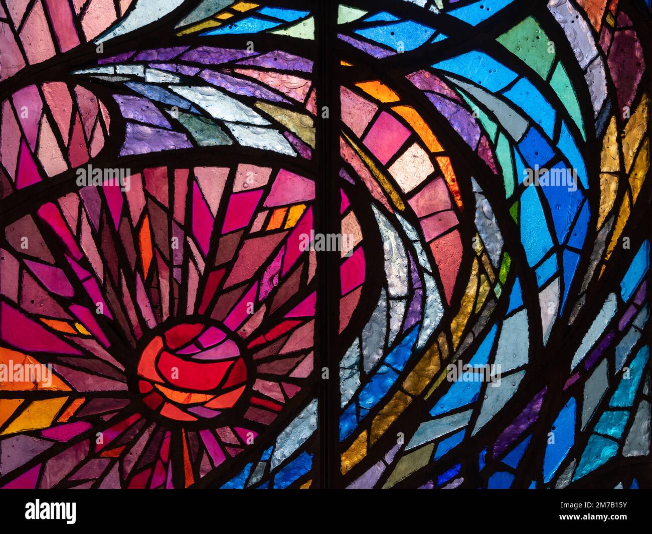Montpellier, France - 01 05 2023 : Detail view of bright and colorful modern stained glass ...