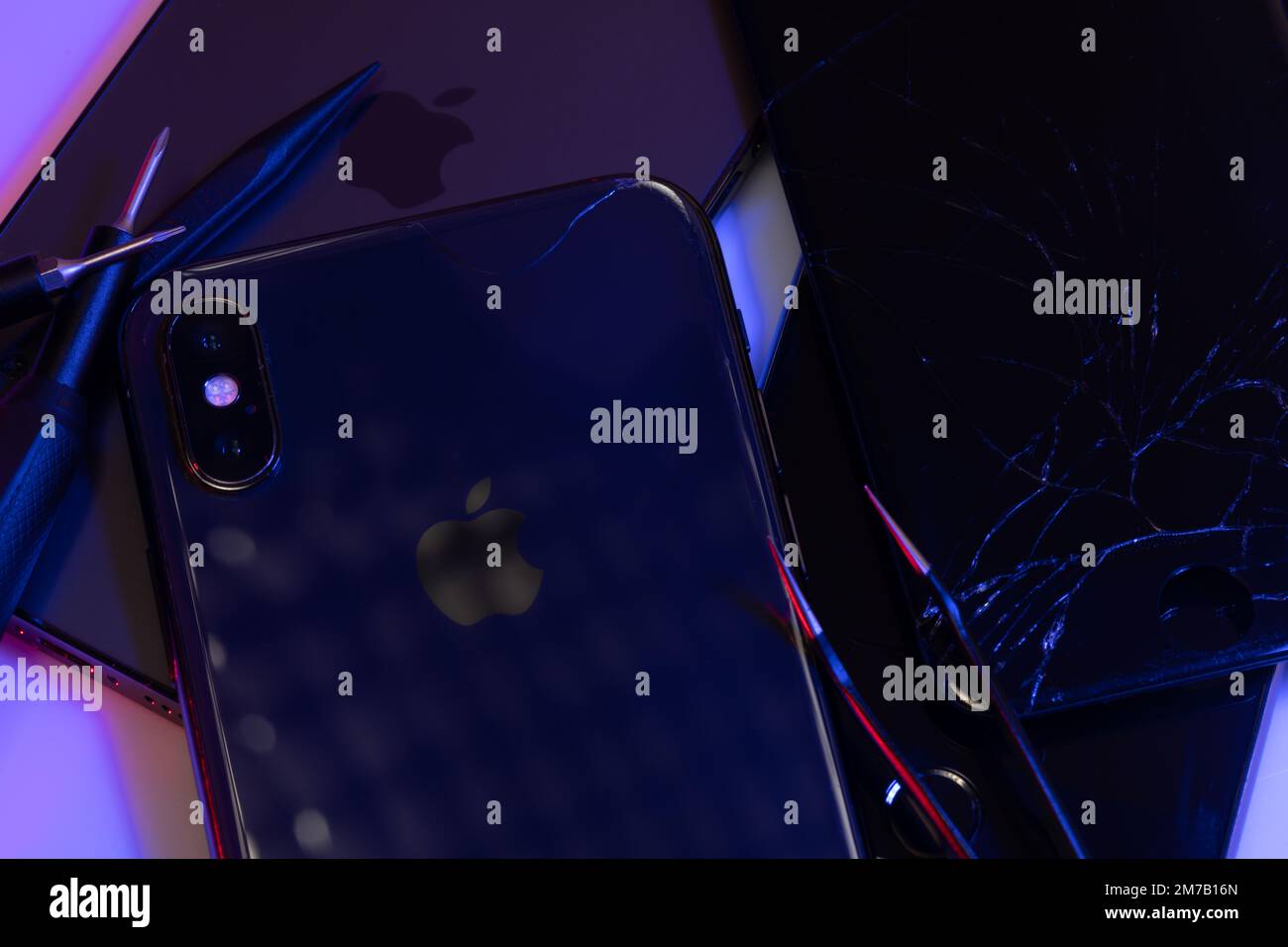 South Tyrol, Italy - Jan. 7. 2023: Damaged Apple iPhone 10. Cracked ...