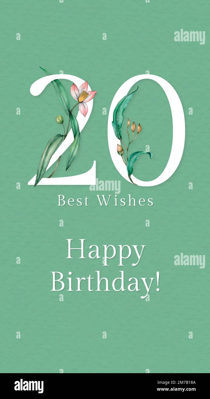 20th birthday greeting template vector with floral number illustration ...