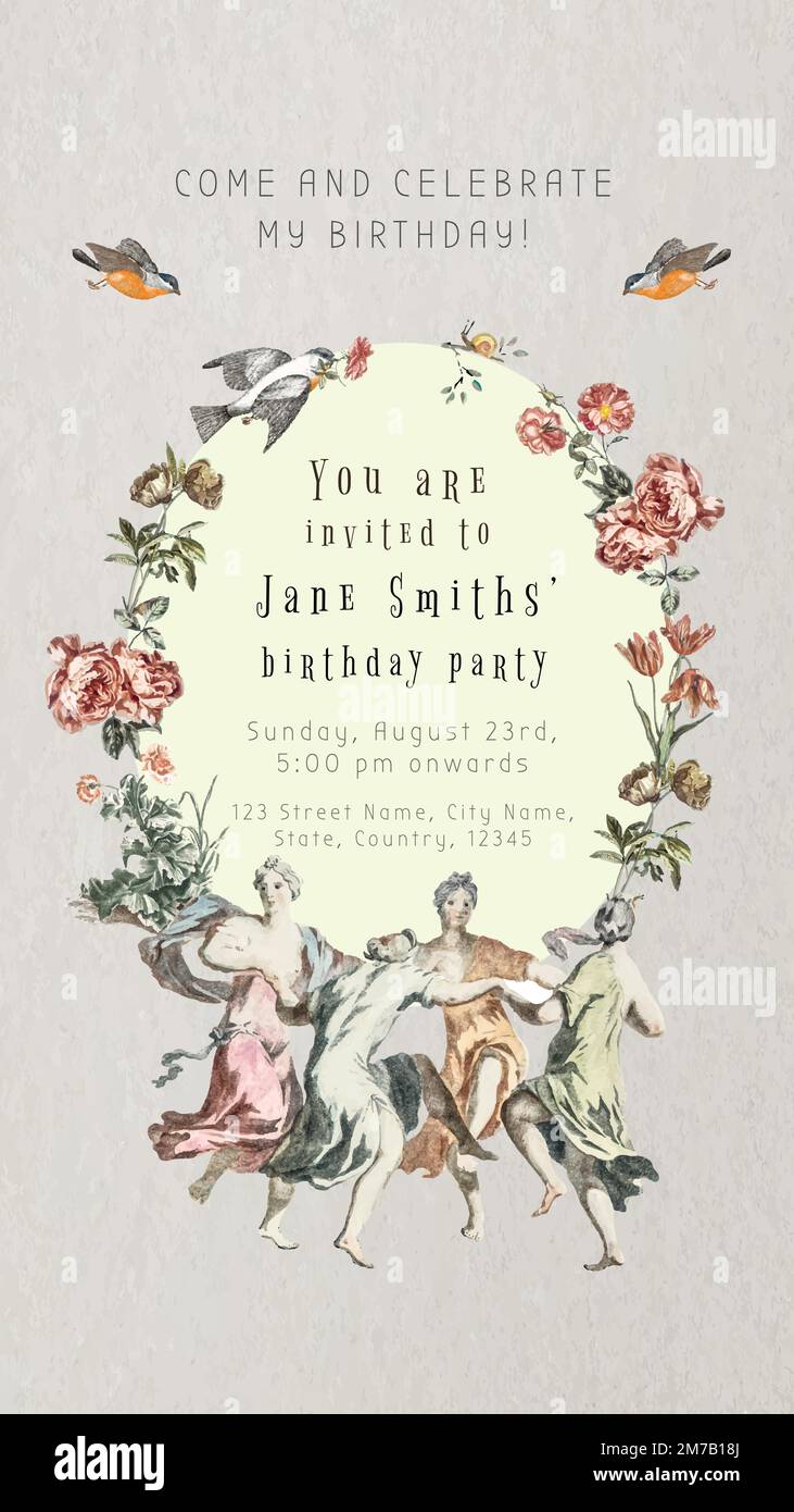 Vintage birthday greeting template vector with hand drawn flowers ...