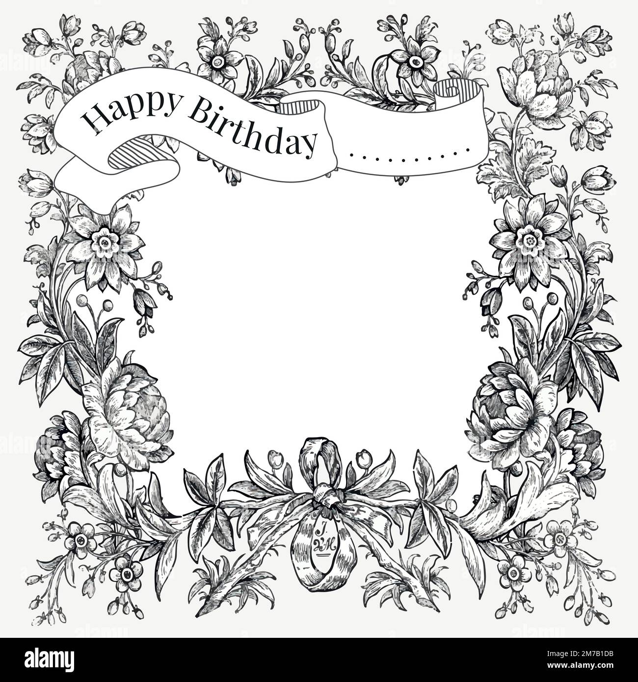 Vintage birthday greeting template vector with hand drawn flowers ...