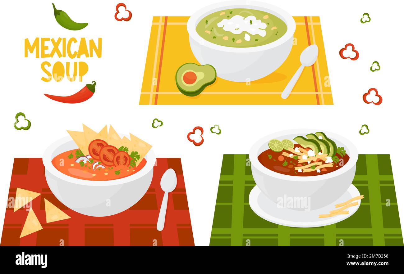 Collection Mexican soups. Green soup with avocado and Mexican Tomato ...