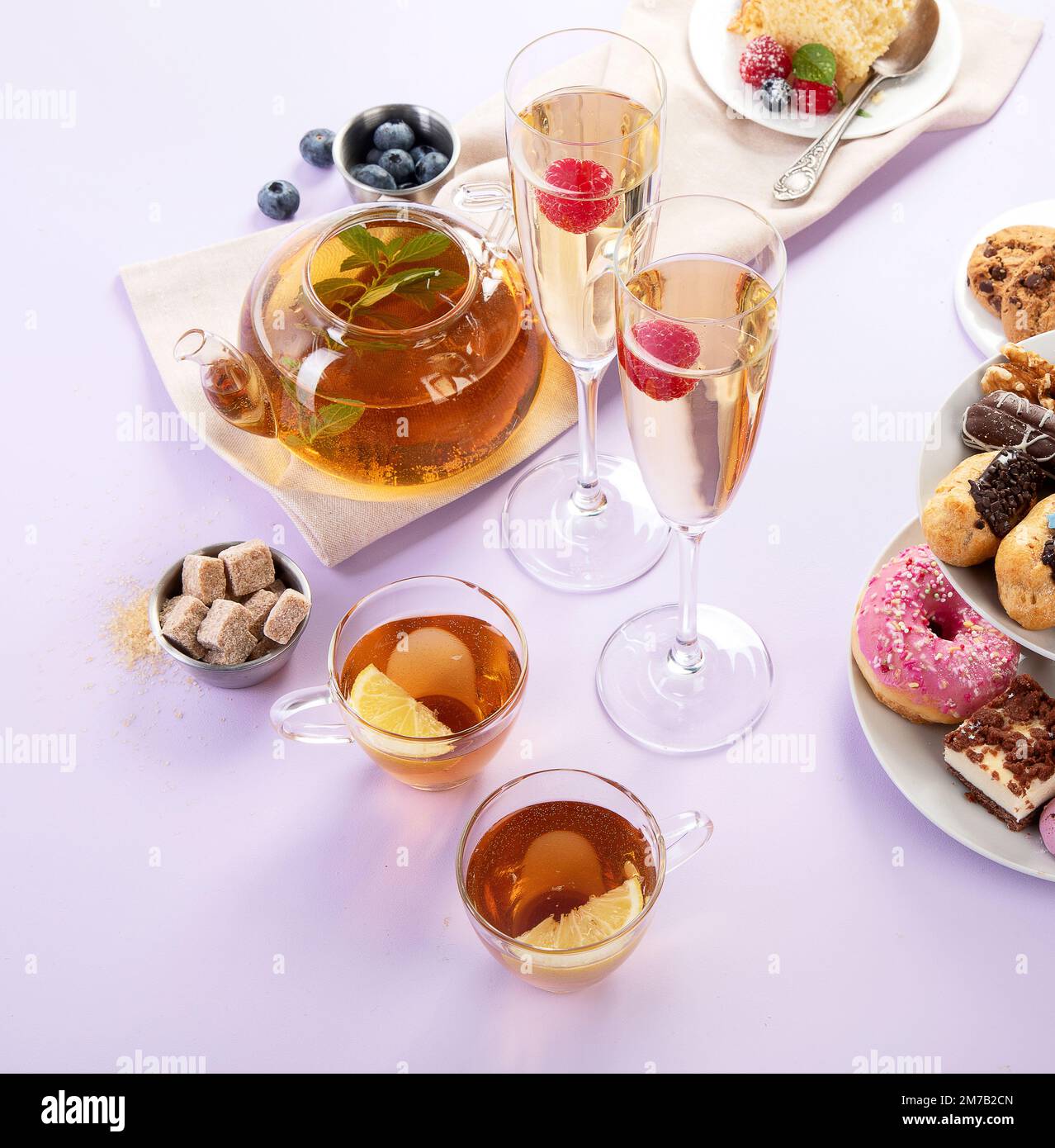 Traditional English tea. Afternoon tea with selection of sweets on ...