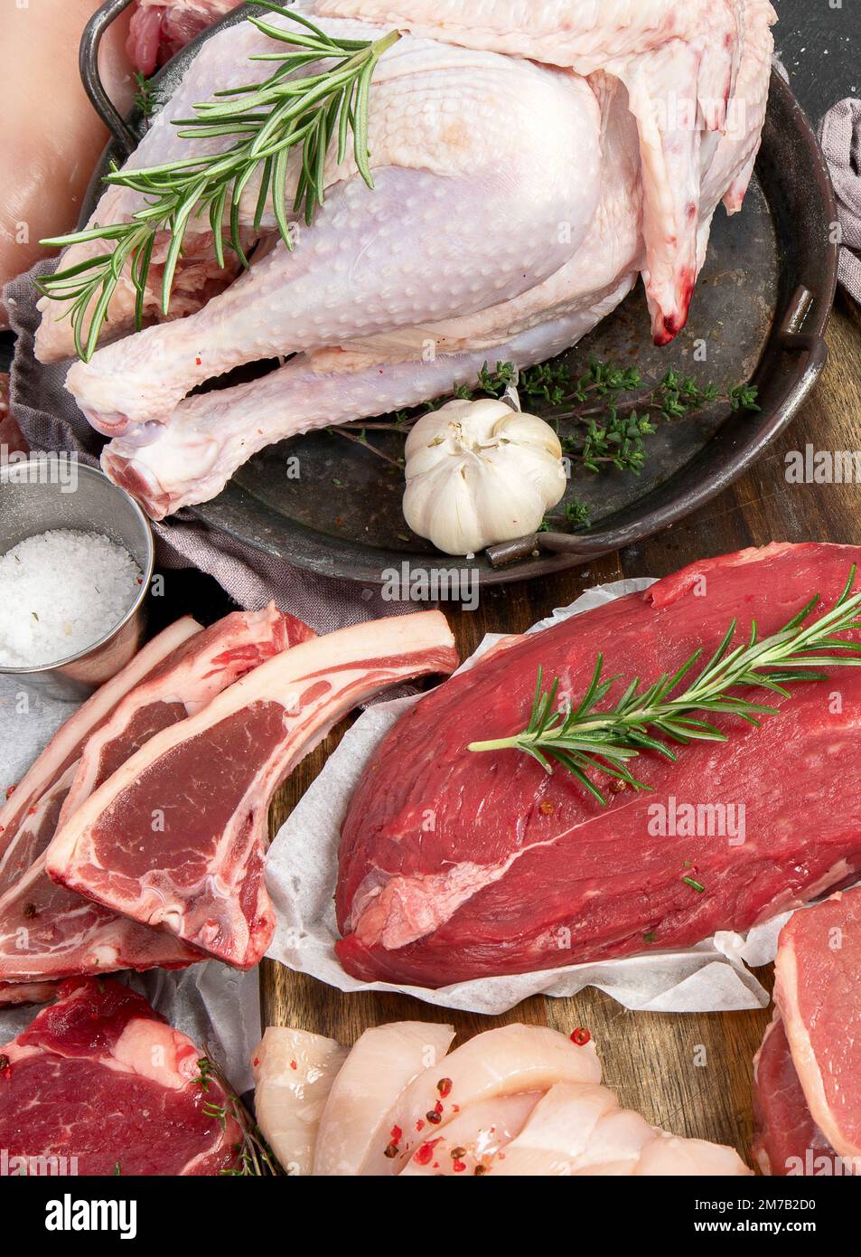 Different types of raw meat - beef, pork, lamb, chicken on dark ...