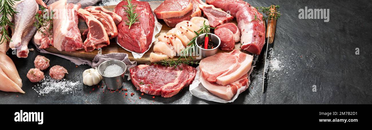 Different types of raw meat - beef, pork, lamb, chicken on dark ...
