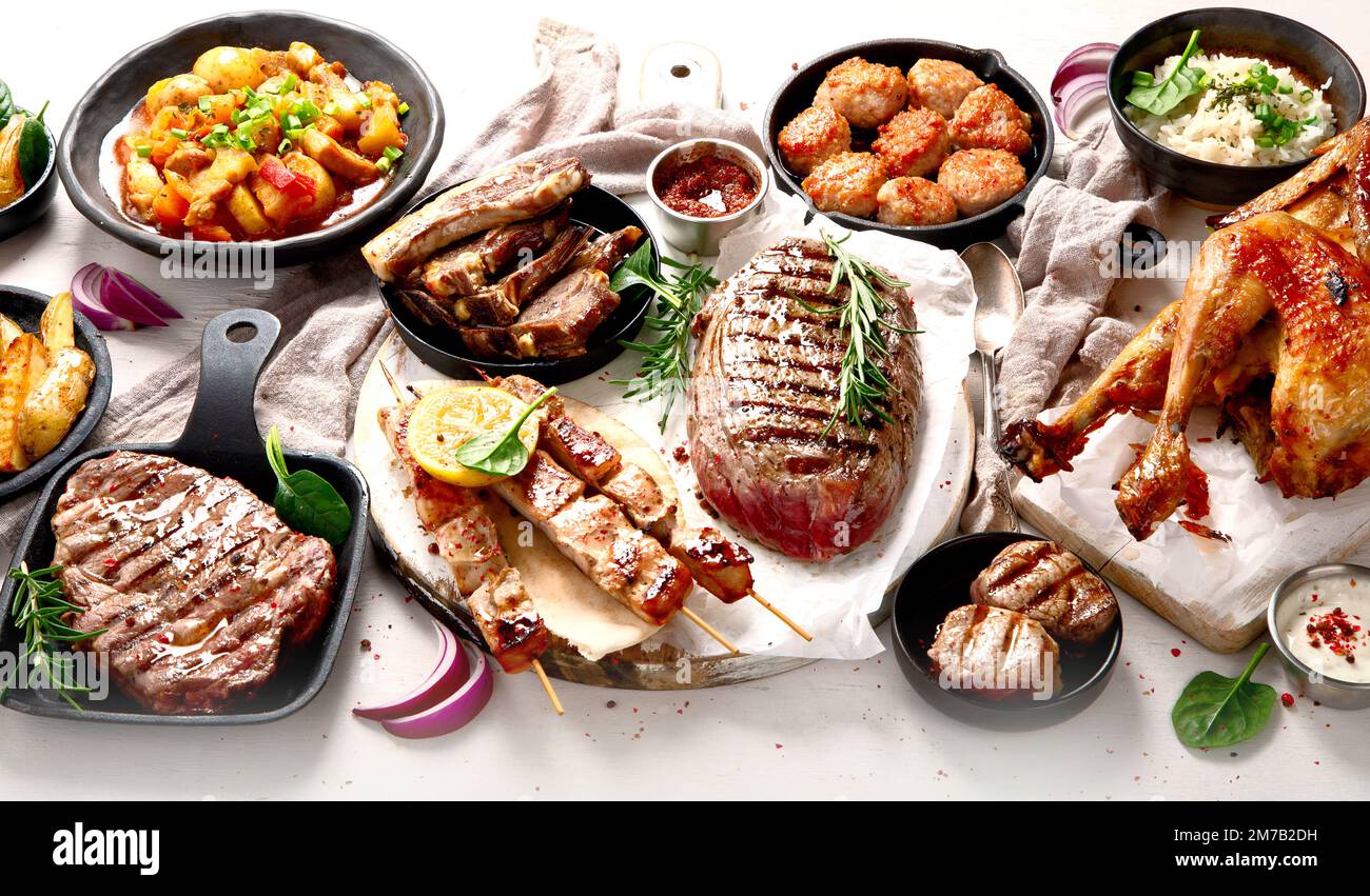 Meat main dishes. Plates of various meat. Non vegetarian food banner ...
