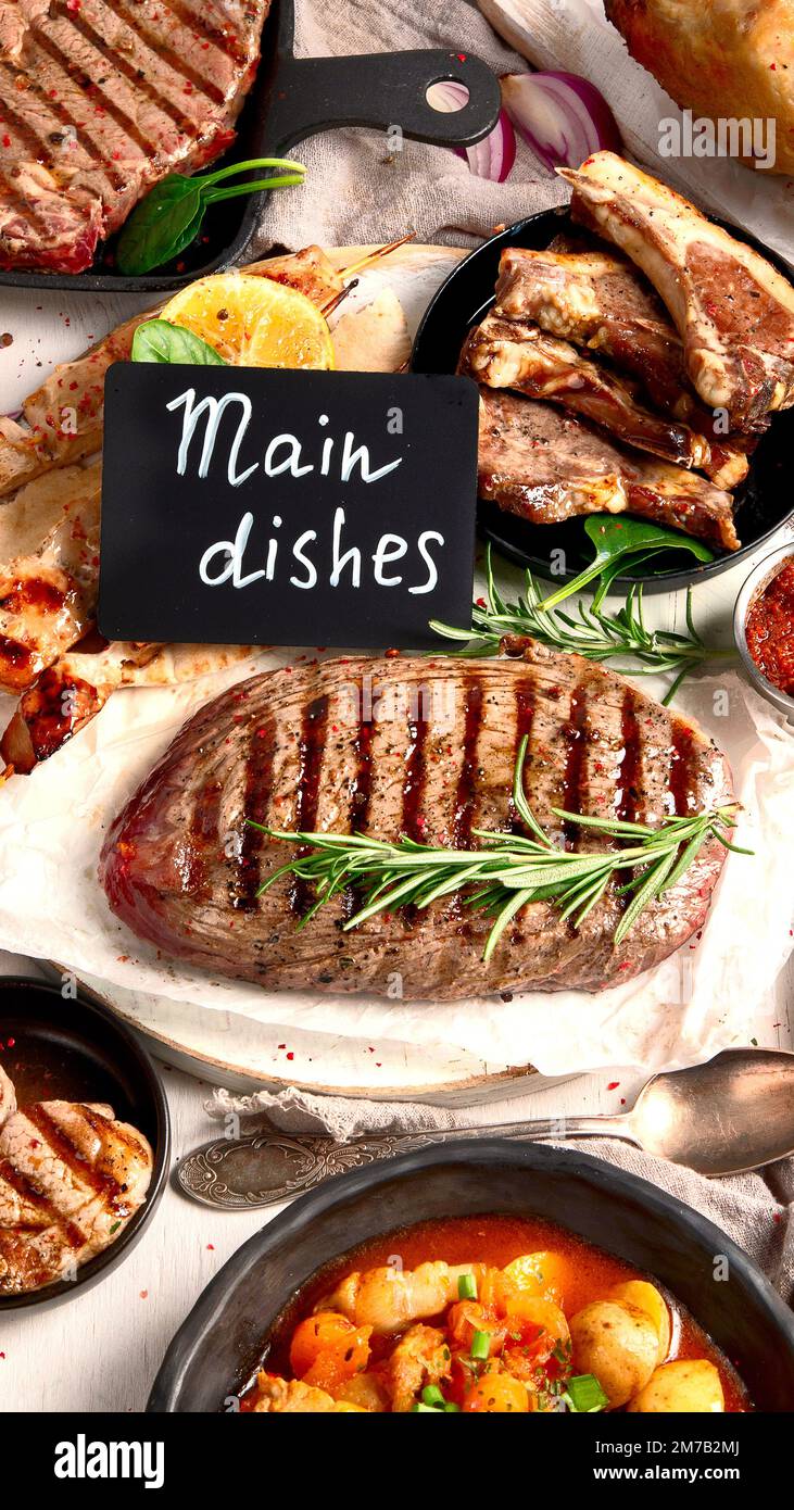 Meat main dishes. Plates of various meat. Non vegetarian food banner ...