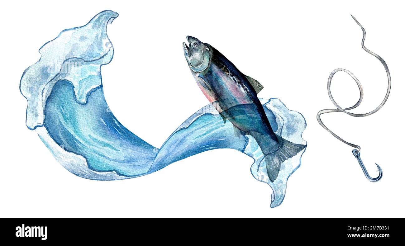 Composition of salmon, trout and sea wave watercolor illustration ...