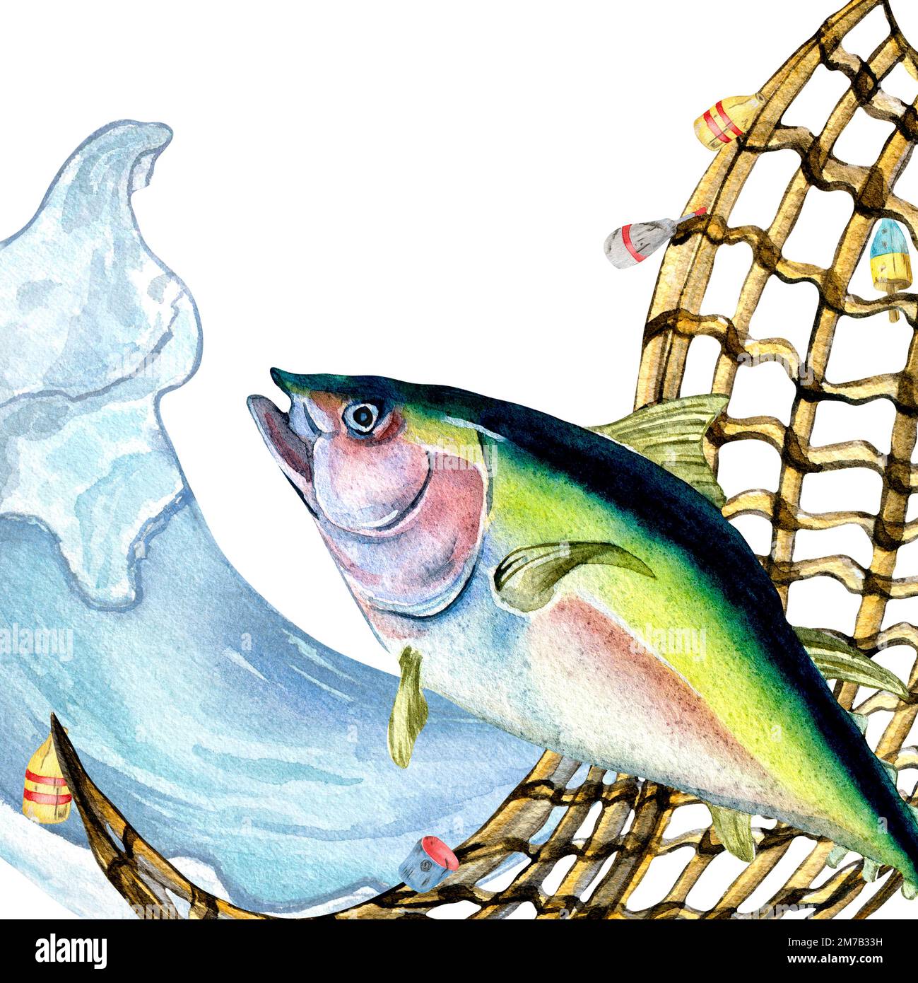 Composition of tuna and fishnet watercolor illustration isolated on ...