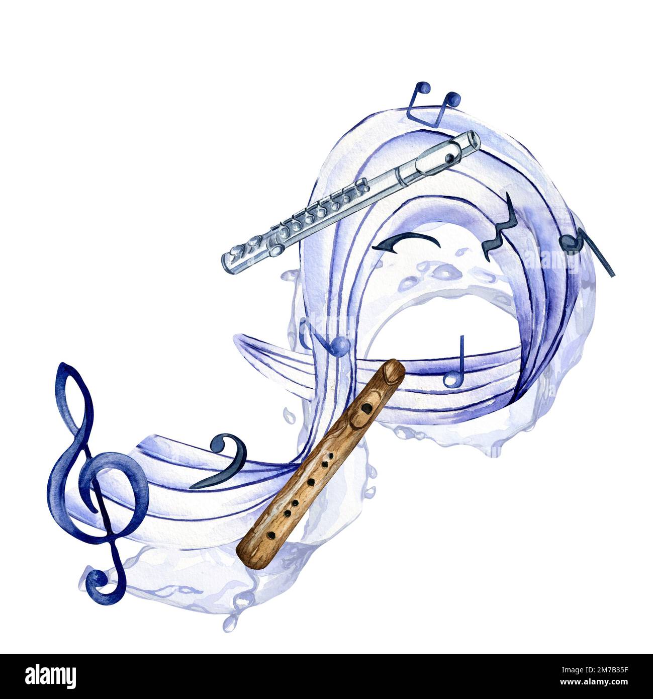 Musical symbols and clarinet musical instrument watercolor illustration ...