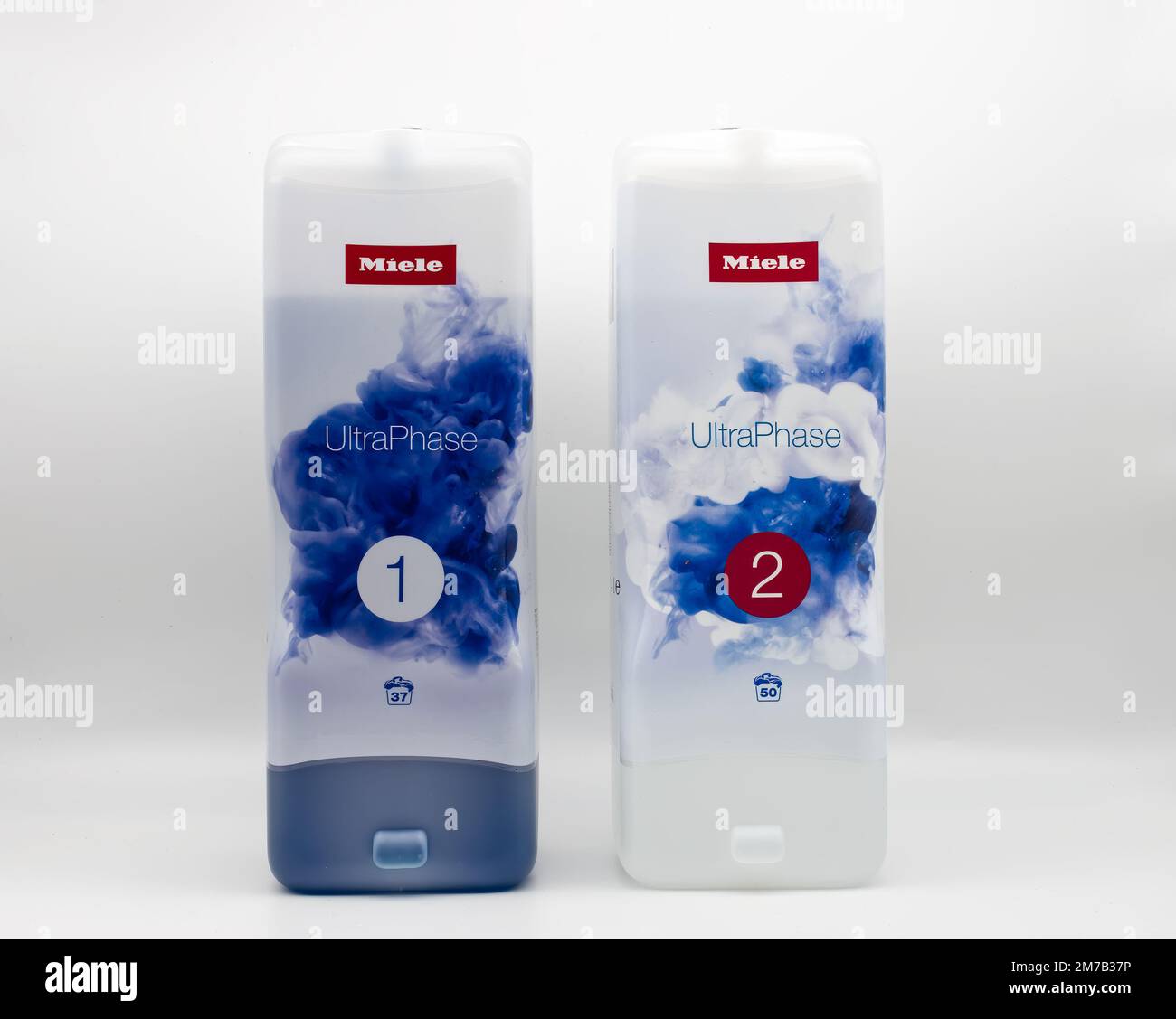 Miele UltraPhase Twindos Detergent for laundry isolated on a white background. Miele is a German ...