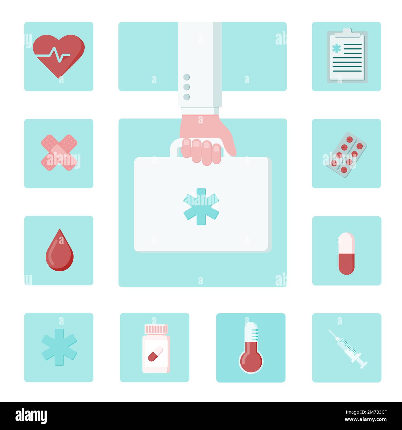 Health icons with a doctor's hand clutching an emergency case. Vector ...