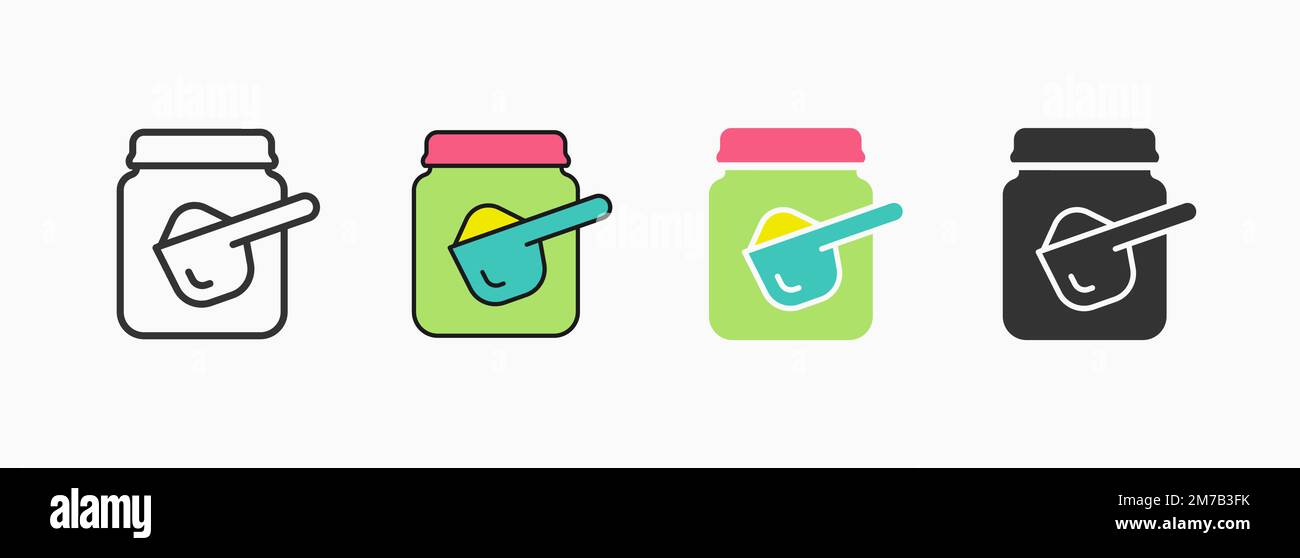 Baby food jar with spoon flat icons on white background. Vector ...
