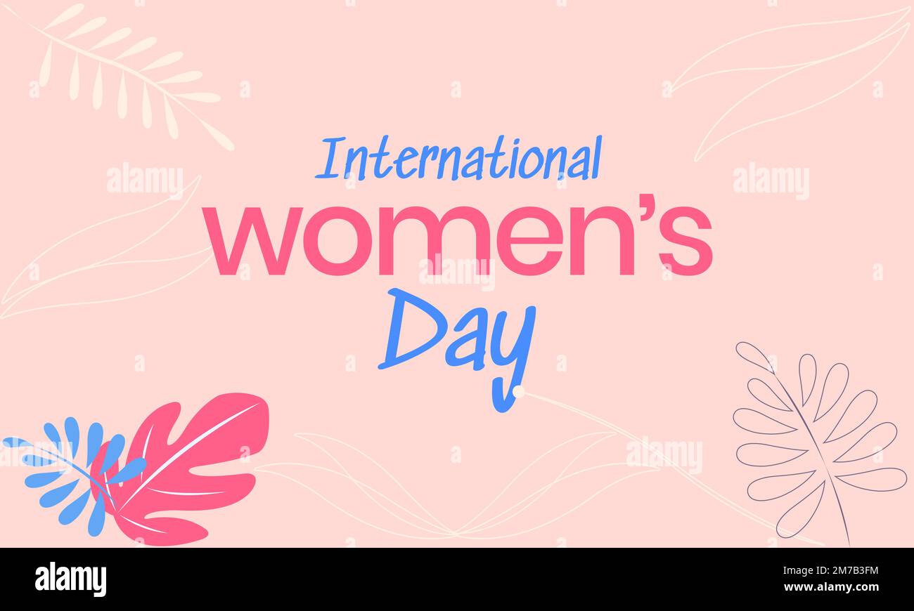 International Women's Day text on pink and flowers background. Vector ...