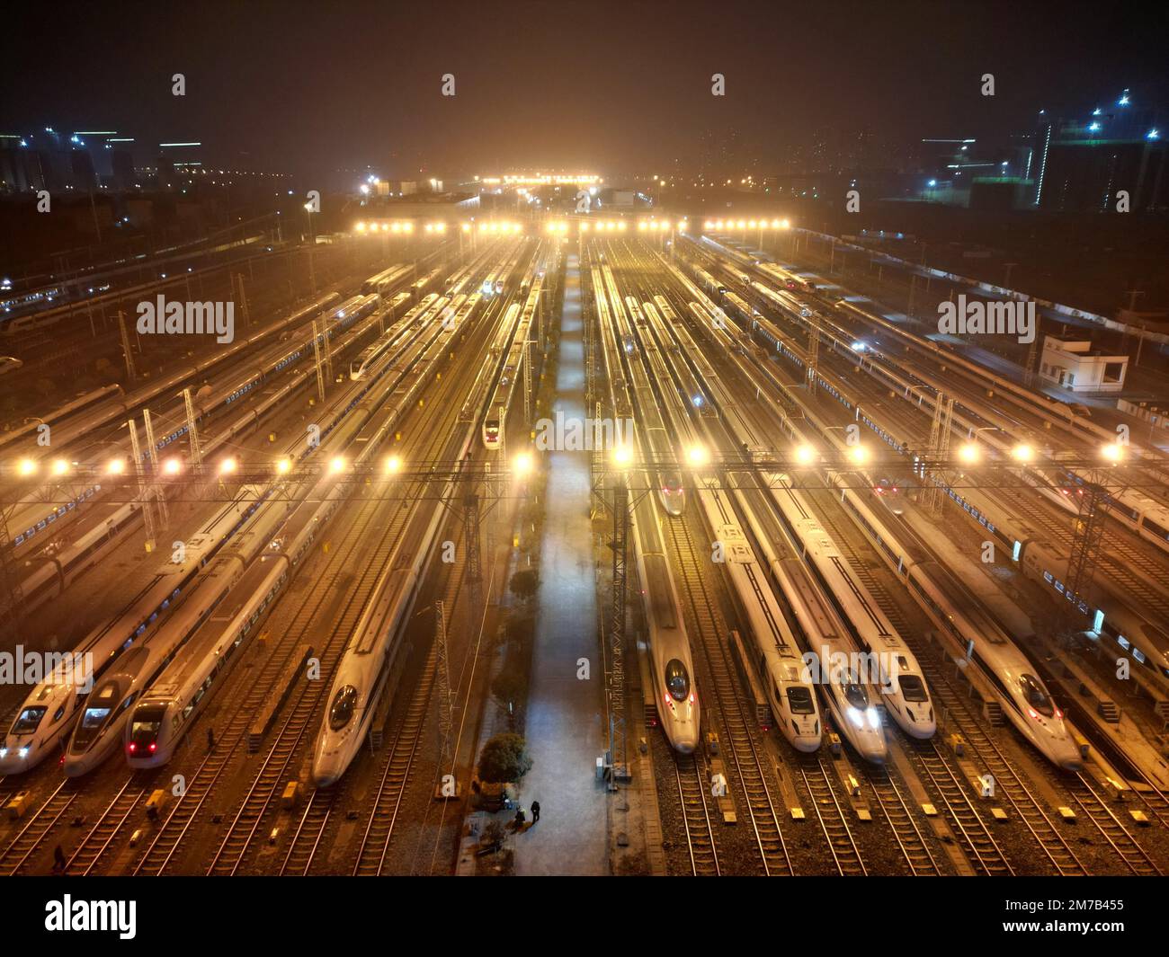 Aerial photo shows high-speed bullet trains are ready to serve the ...