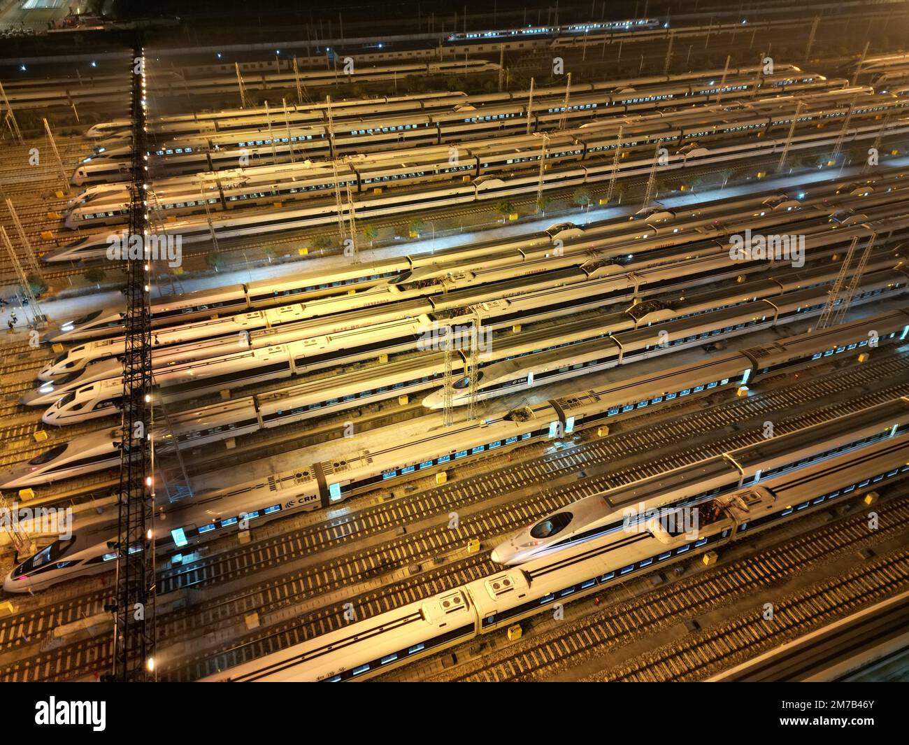 Aerial photo shows high-speed bullet trains are ready to serve the ...