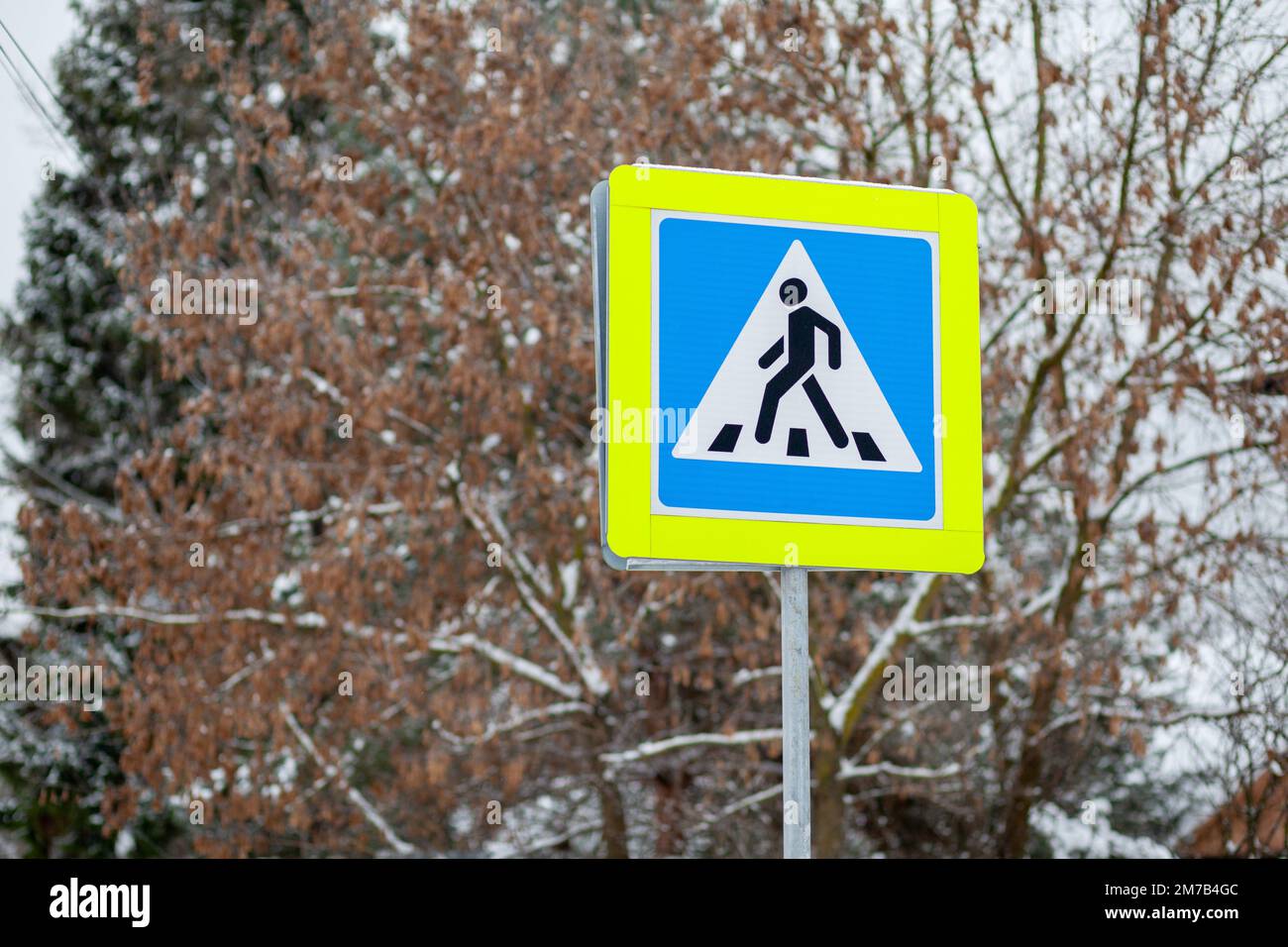 A road sign of a pedestrian crossing in close-up. A sign with a ...