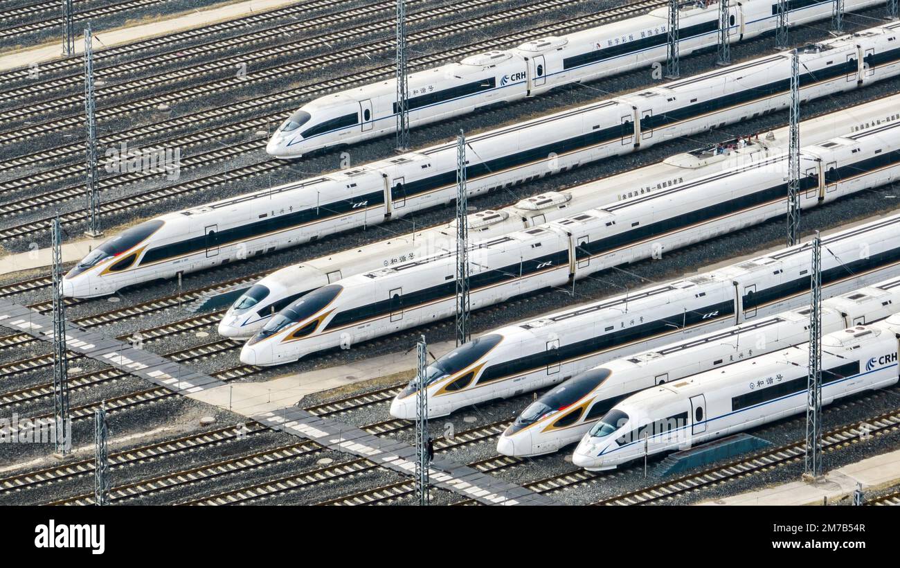 Aerial photo shows the high-speed trains are ready to serve the spring ...