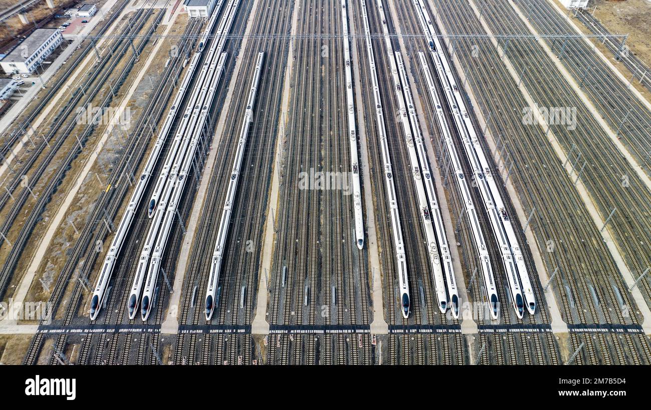 Aerial photo shows the high-speed trains are ready to serve the spring ...