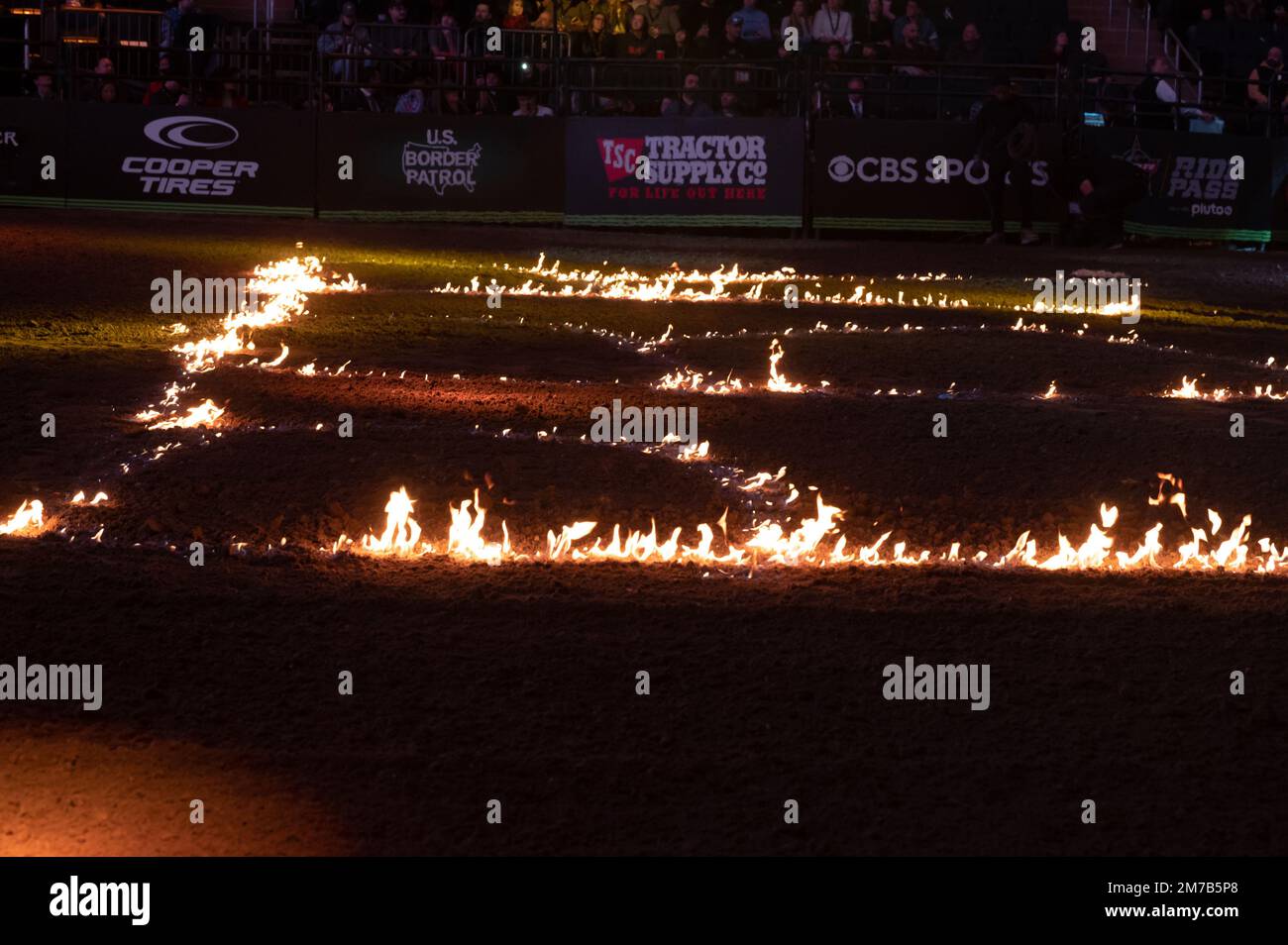 NEW YORK, NEW YORK - JANUARY 08: PBR letters on fire seen on the field ...